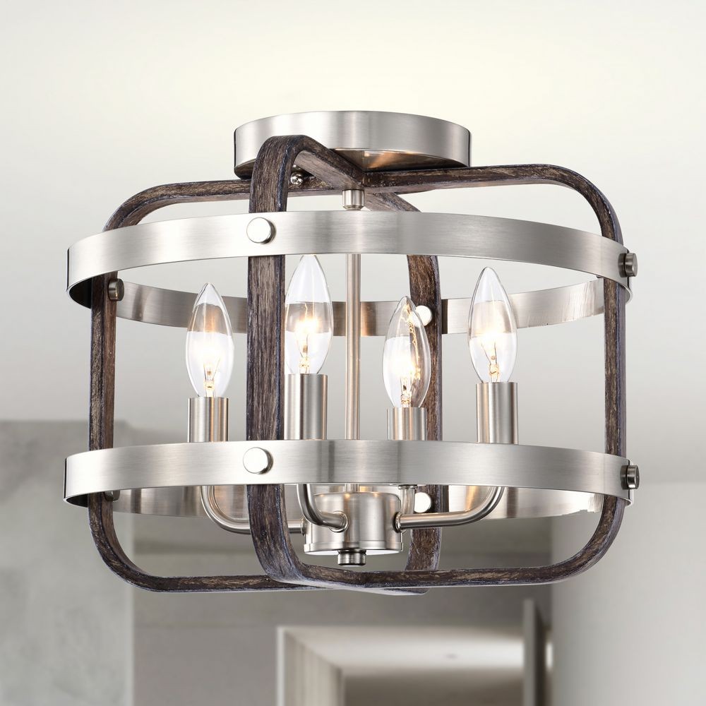 Kasia 14" 4-Light Indoor Satin Silver and Faux Wood Grain Finish Flush ...