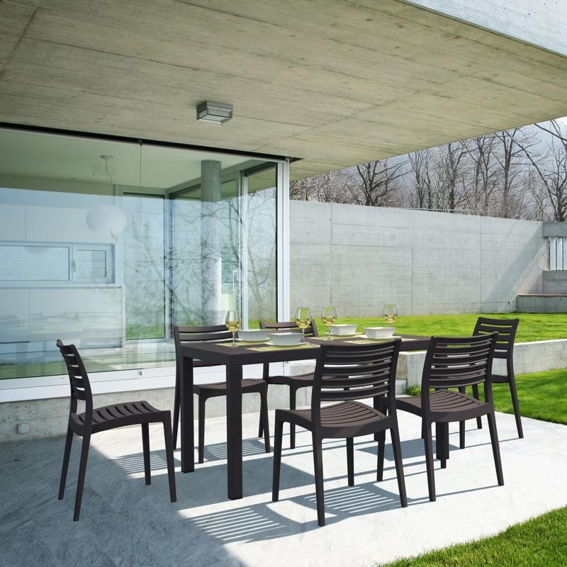 Ares Resin Rectangle Outdoor Dining Set 7 Piece with Side Chairs Brown ...